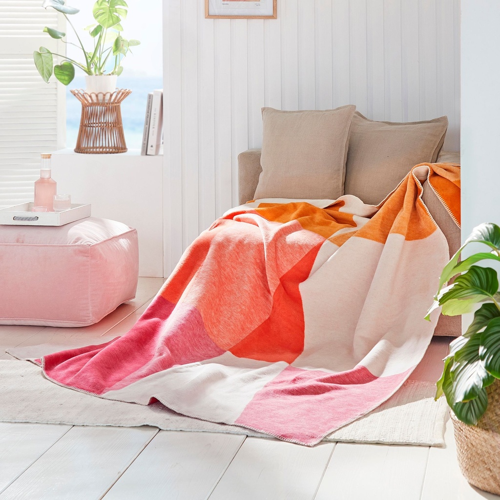 Vibrant Orange / Pink Colorblock Cotton Blend Throw Blanket by IBENA